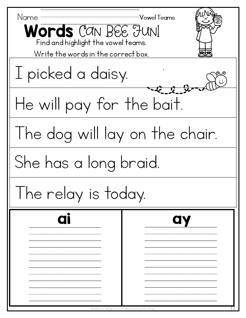 Vowel Teams Phonics Word Work Printables - Searching For Silver